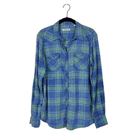 Orvis | Tops | Orvis Blue Green Plaid Linen Blend Button Up Roll Tab ...